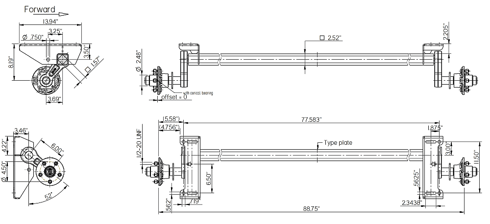 Rubber torsion axle 3000 lbs with hubs