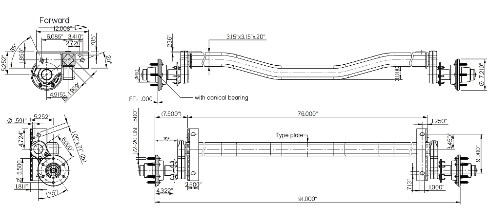 Rubber torsion axle 6000 lbs